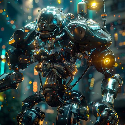 Majestic And Powerful Combat Robot With Gleaming Chrome Chassis And Glowing Power Core In