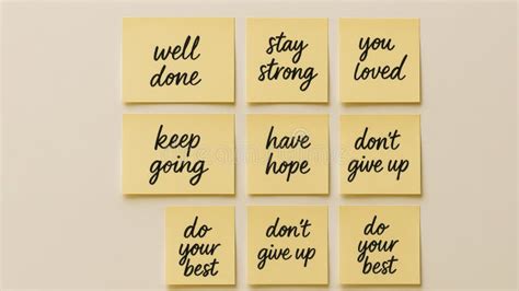 nine yellow sticky notes attached to a wall showing motivational