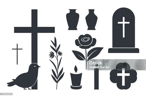 장례식 아이콘 십자가 비둘기 꽃 새 유골과 화장 양초 묘비 기념물 항아리와 실루엣 그림 아침 소원 애도를 위한 디자인 요소 개체 그룹에 대한 스톡 벡터 아트 및 기타 이미지