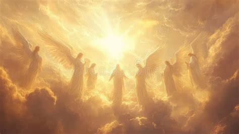 Heavenly Angels Amidst Golden Clouds And Radiant Light Stock