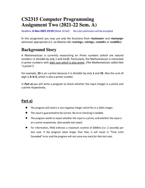 cs2315 assignment 2 cs2315 computer programming assignment two 2021