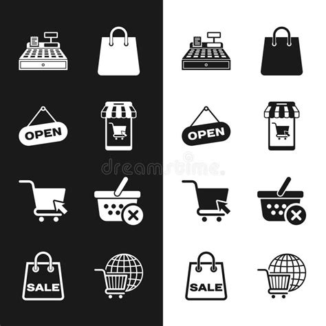 set mobile and shopping cart hanging sign with open door cash