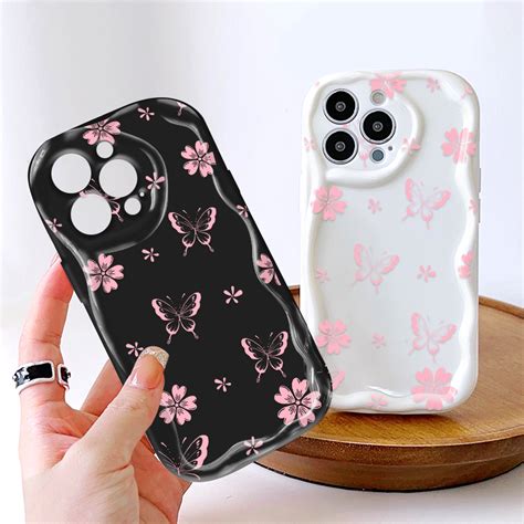 Hontinga For Redmi A3 Redmi A3x Back Cover Pink Butterfly Flowers Phone Case Cream Texture Wavy