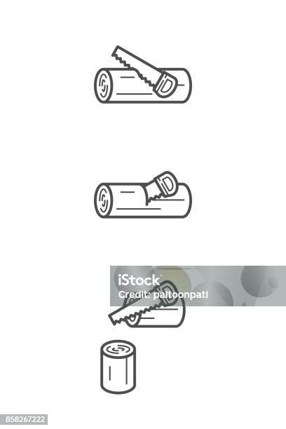 목재를 손으로 톱 질의 목수 장비 도구 설정된 단계 본 기호 아이콘 개념 아이디어 개요 선 디자인 그림 흑백 색상에 고립 된 흰색 배경 벡터 Eps10 아이콘에 대한 스톡