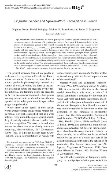 Pdf Linguistic Gender And Spoken Word Recognition In French
