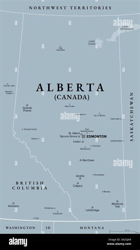 Alberta Province Of Canada Gray Political Map With Boundaries Cities