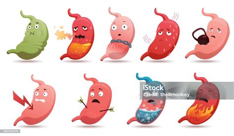 위장 문제 아이콘 슬픈 고통 아픈 인간의 위장 벡터 플랫 만화 일러스트레이션 디자인입니다 건강에 해로운 위장 얼굴 특성 복통이있는 소화관 창자에 대한 스톡 벡터 아트 및