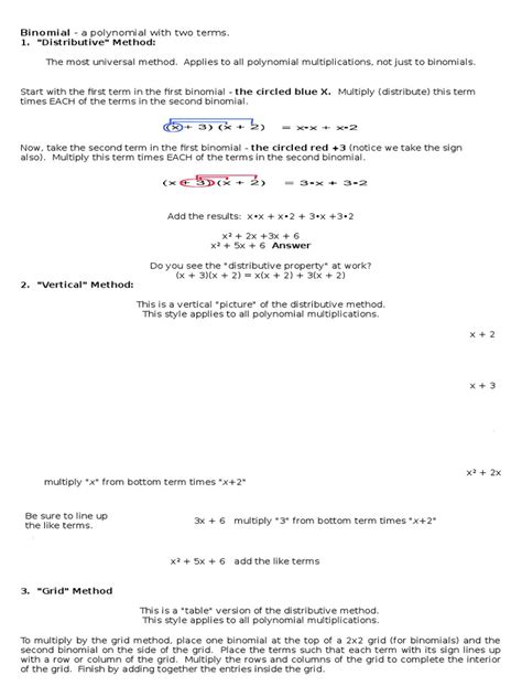 Binomial A Polynomial With Two Terms 1 Distributive Method Pdf