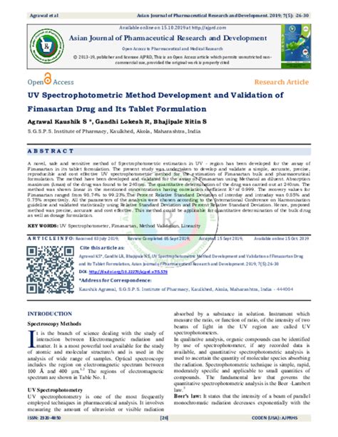 Pdf Uv Spectrophotometric Method Development And Validation Of Fimasartan Drug And Its Tablet