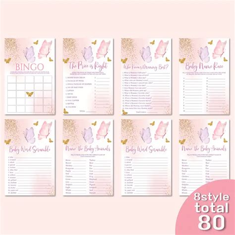 80피스 나비 테마 베이비 샤워 게임 카드 재미있는 파티 활동을 위한 8가지 독특한 단어 검색 성별 공개 및 Temu