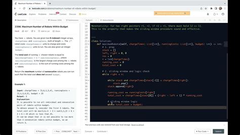 Leetcode 2398 S2 Maximum Number Of Robots Within Budget Two Pointer Sliding Window Monotonic
