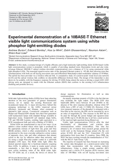 Pdf Experimental Demonstration Of A 10base T Ethernet Visible Light Communications System