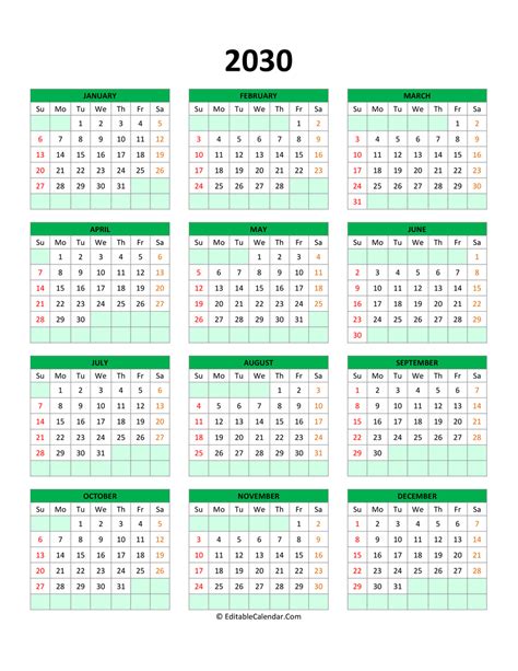 Editable Calendar Template 2030