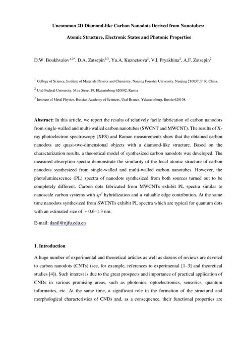 Pdf Uncommon 2d Diamond Like Carbon Nanodots Derived From Nanotubes Atomic Structure