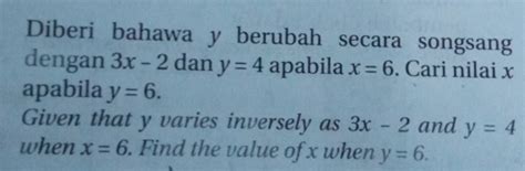 solved diberi bahawa y berubah secara songsang dengan 3x 2 dan lan y 4