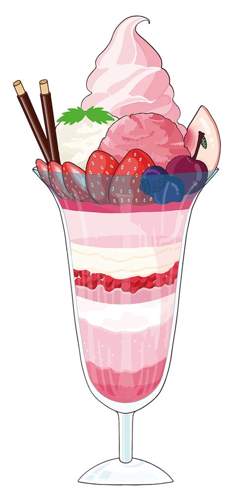 예쁜 유리잔에 크림 쨈 젤리등이 켜켜이 담기고 토핑으로 아이스크림 딸기 초코과자 복숭아 체리 블루베리 휘핑크림이 올라간 귀여운 파르페 유토이미지 상세