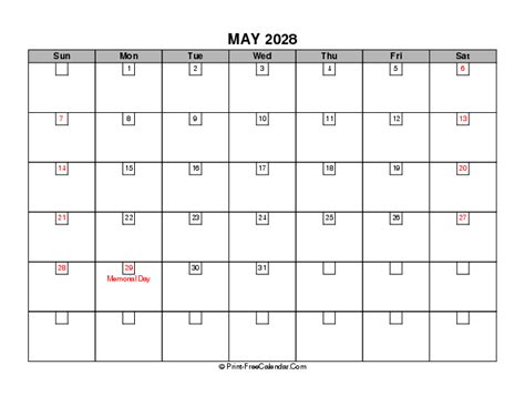 Download May 2028 Boxy Calendar With Usa Holidays Sunday Start Pdf Word Excel Landscape Layout