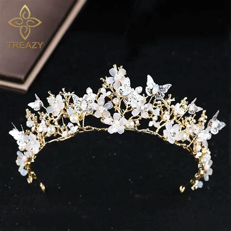 Treazy 바로크 신부 웨딩 티아라 크리스탈 진주 나비 꽃 크라운 Tiaras 공주 머리 장식 웨딩 헤어 액세서리헤어 주얼리