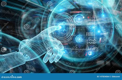 wireframed blue robot hand touching graph interface on dark background 3d rendering stock