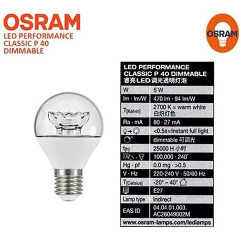 Osram LED E27 Classic P 5W Dimmable Bulb 2700K Warm White 15000h Life Time 240 Degree Beam