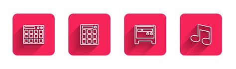 세트 라인 드럼 머신 기타 앰프 및 음악 노트 긴 그림자가 있는 톤 빨간색 사각형 버튼입니다 벡터 그림자에 대한 스톡 벡터 아트 및 기타 이미지 Istock
