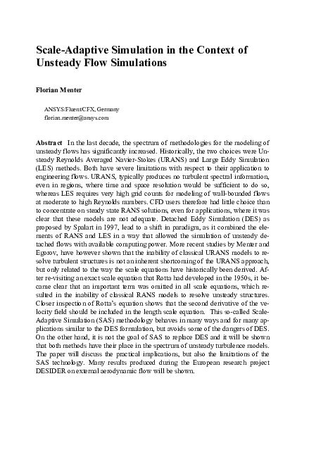 Pdf Scale Adaptive Simulation In The Context Of Unsteady Flow