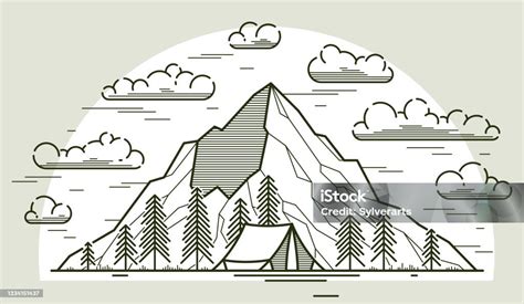 산속캠핑 텐트와 소나무 숲 벡터 선형 일러스트는 흰색 휴일 및 휴가에서 고립 되어 있으며 숲 의 라인 아트 디자인 방랑자 드로잉 드로잉에 대한 스톡 벡터 아트 및 기타