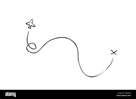 A Simple Black And White Hand Drawn Sketch Of An Airplane Following A Curved Flight Path Towards