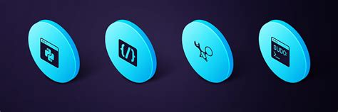 Isometric Code 터미널 디버깅 프로그래밍 언어 구문 및 Python 프로그래밍 아이콘을 설정합니다 벡터 3차원 형태에 대한 스톡 벡터 아트 및 기타 이미지