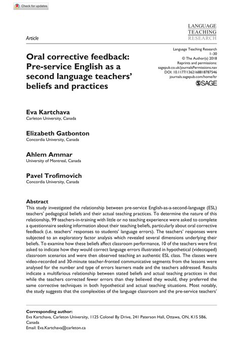 Solution Oral Corrective Feedback Pre Service English As A Second Language Teachers Beliefs And