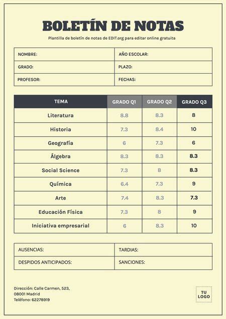 Template de boletim de notas personalizáveis online
