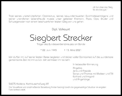 Traueranzeigen Von Siegbert Strecker Rz Trauer De