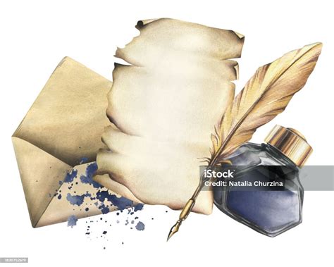 필기구 파피루스 종이 공예 봉투 금 깃털 유리병에 담긴 잉크 리본 및 물보라 손으로 그린 수채화 그림입니다 흰색 배경에 고립된 구성 편지 문서에 대한 스톡 벡터 아트 및