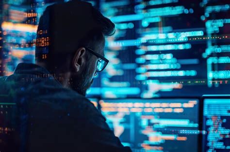 Premium Photo Man Programmer Code On Computer Screen With Cybersecurity Hologram