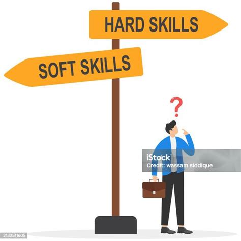 하드 스킬과 소프트 스킬을 나타내는 도로 표지판 앞의 사업가 하드 스킬 Vs 소프트 스킬 개념 개념에 대한 스톡 벡터 아트 및