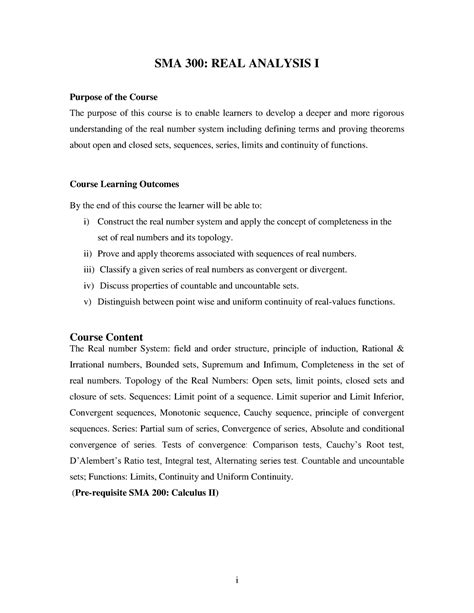 Sma 300 Real Analysis Notes I Sma 300 Real Analysis I Purpose Of The