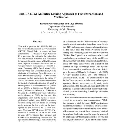 Sirius Ltg An Entity Linking Approach To Fact Extraction And Verification Acl Anthology