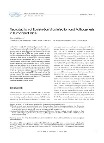 Reproduction Of Epstein Barr Virus Infection And Pathogenesis In Humanized Mice