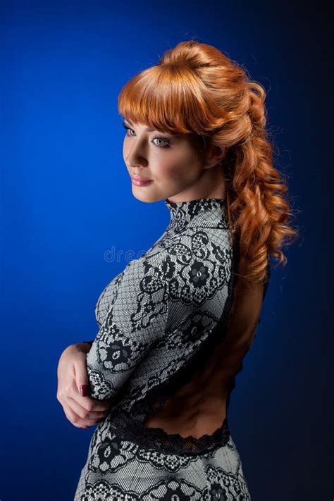 Portrait Of Red Haired Model Posing In Dress Stock Photo Image Of Beauty Glamour