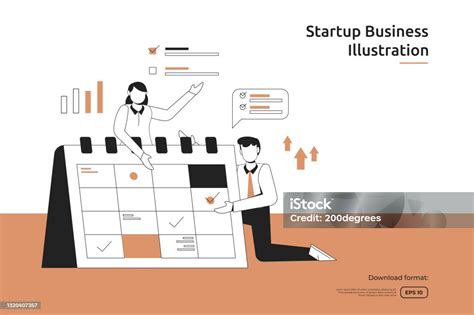 사업가 및 캘린더 일러스트레이션을 통해 시간 관리 및 비즈니스 계획 일정 스타트업 런칭 및 투자 벤처 컨셉 팀워크 은유 디자인 웹 랜딩 페이지 또는 모바일 웹 사이트 달력에