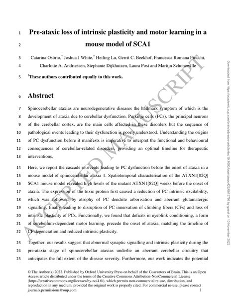 Pdf Pre Ataxic Loss Of Intrinsic Plasticity And Motor Learning In A