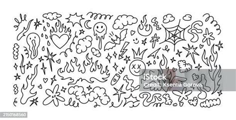 Doodle 이모 고스 디자인 요소 낙서 도시 월스트리트 예술 배경입니다 손으로 그린 Y2k 브루탈리즘 요소 미소 이모티콘 유동적인 액체 유기 모양 록과 펑크 스케치 그림