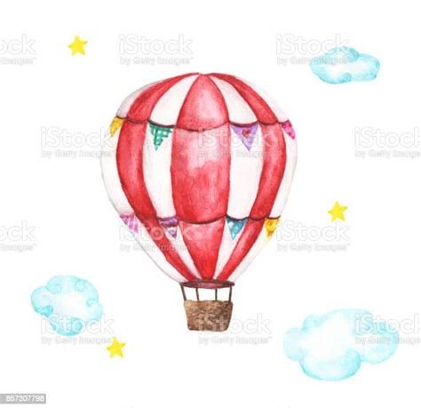 수채화 뜨거운 공기 풍선 구름과 별 일러스트 흰색 배경에 고립 손으로 그린된 빈티지에 어 벌 룬 하늘을 날고 고풍스런에 대한 스톡 벡터 아트 및 기타 이미지 Istock