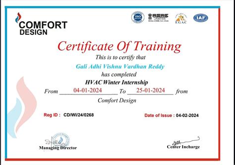 Comfort Design Certificate Of Training Completed Hvac Winter Internship