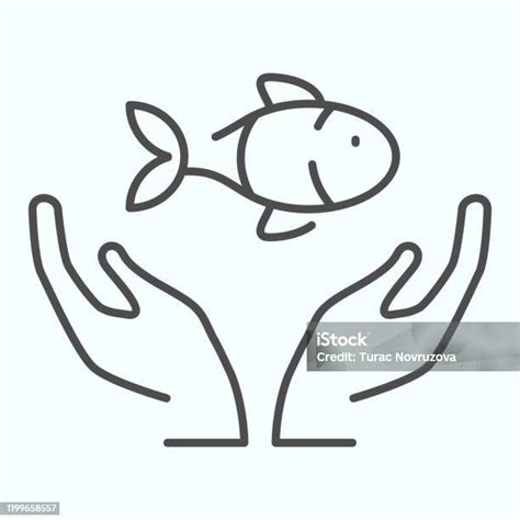 손 관리 얇은 라인 아이콘 물고기 생태 환경 물고기 보호 그림 흰색에 격리 웹 및 응용 프로그램을 위해 설계된 바다 로고 개요