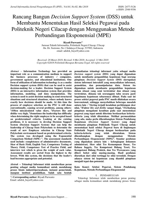 pdf rancang bangun decision support system dss untuk membantu menentukan hasil seleksi