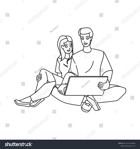 Couple Using Computer Line Pencil Drawing Stock Vector Royalty Free Shutterstock