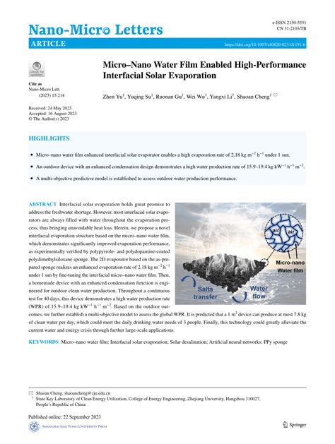 Pdf Micronano Water Film Enabled High Performance Interfacial Solar