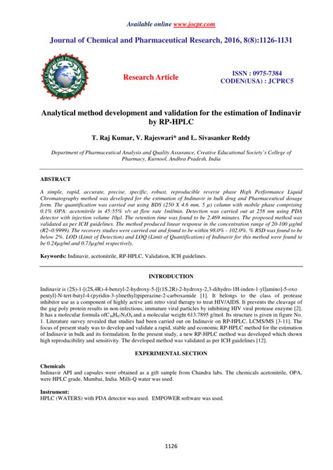 Pdf Analytical Method Development And Validation For The Estimation Of