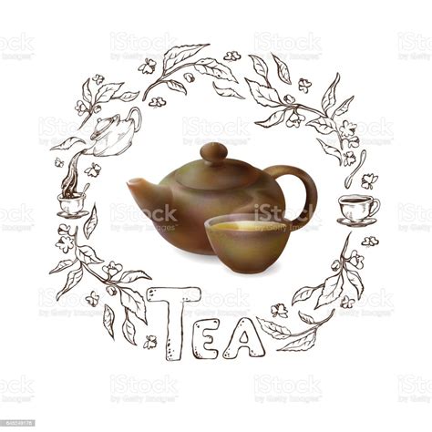 갈색에 티의 3d 일러스트 벡터 찰 흙 주전자 고 흰색 바탕에 뜨거운 차 한잔 차 잎과 꽃의 손으로 그려진된 프레임 캡션 차 0명에 대한 스톡 벡터 아트 및 기타 이미지